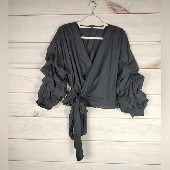 cleo | Tops | Cleo L Top Womens Grey Wrap Wtie At Waist Long Ruffle ...